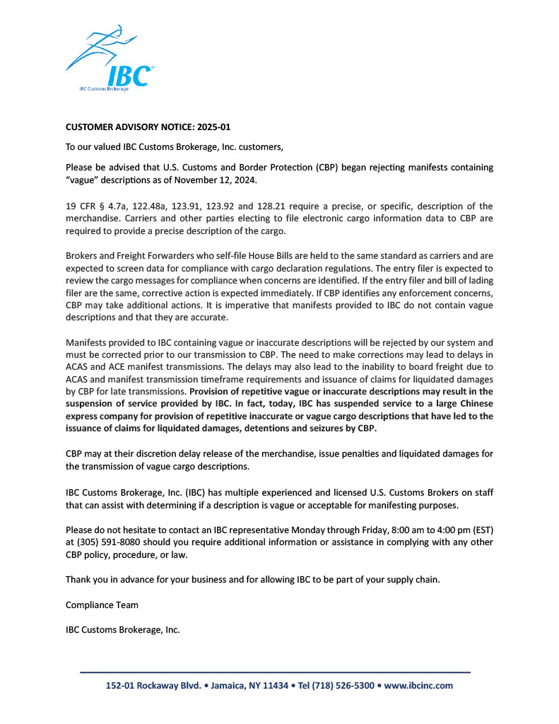 INFORMATION BULLETIN: 2025-1 CUSTOMER ADVISORY NOTICE, Vague Cargo ...